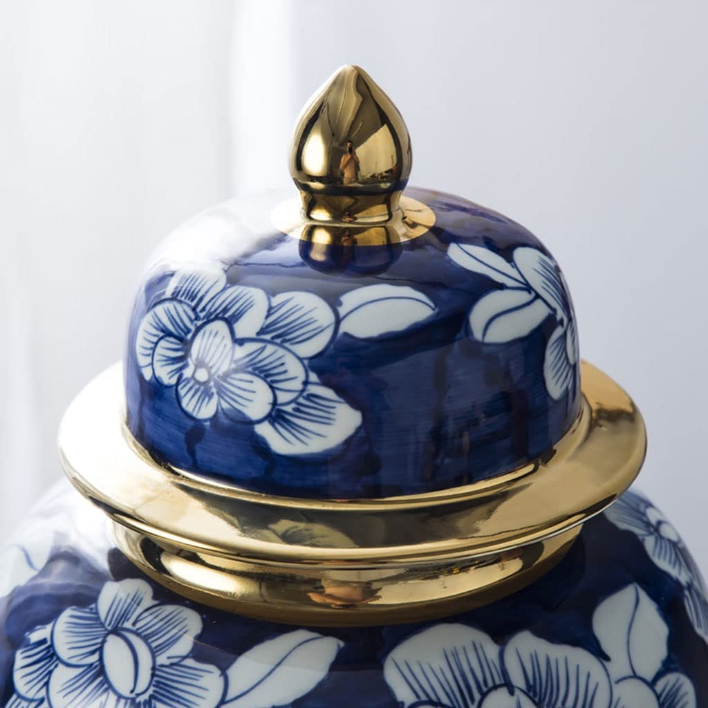 Hand Painted Blue and White Porcelain Ginger Jar Ceramic Vase, Chinese Style Living Room Home Decoration, Temple jar with Gilt Edge (Size : Small)