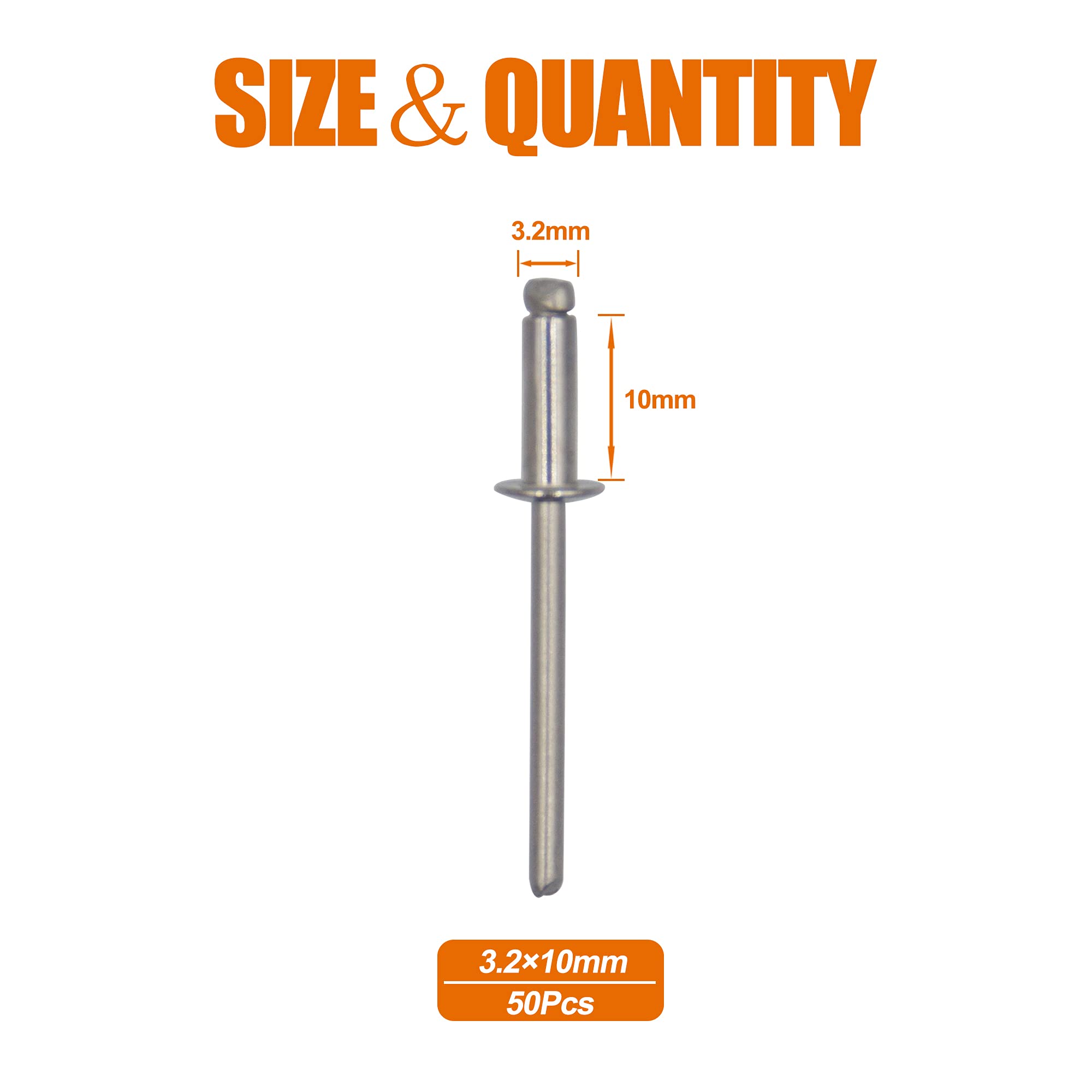 ISPINNER 50pcs 1/8" x 3/8" Stainless Steel Blind Rivets, 3.2 x 10mm Pop Rivets, Pack of 50