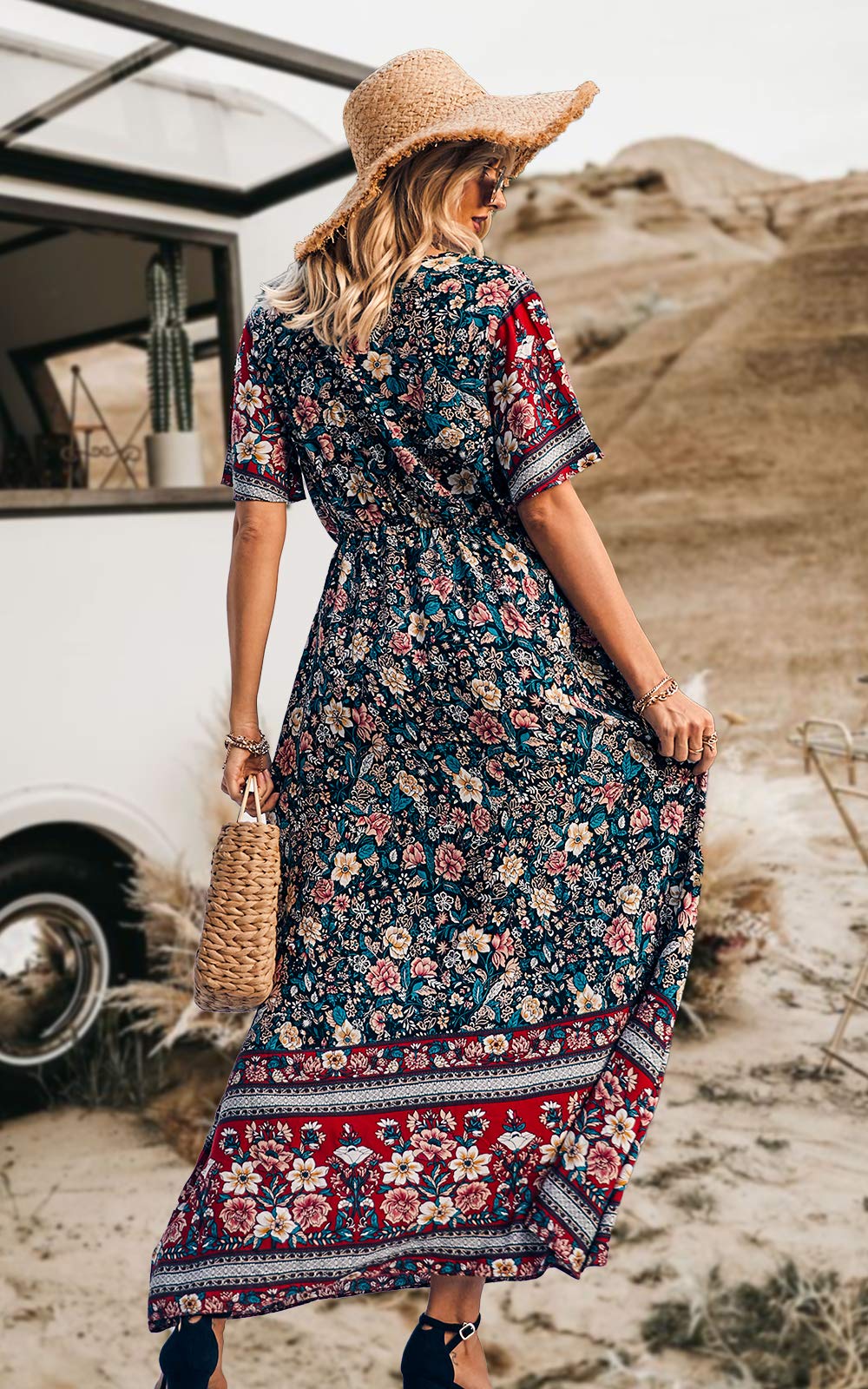 PRETTYGARDEN Women's Casual Summer Boho Floral Print Dress V Neck Short Sleeve High Waist Long Maxi Beach Dresses (Black,Medium)