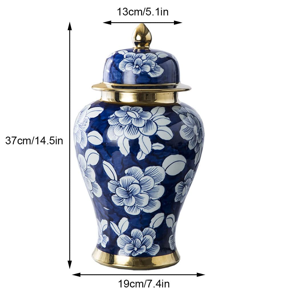 Hand Painted Blue and White Porcelain Ginger Jar Ceramic Vase, Chinese Style Living Room Home Decoration, Temple jar with Gilt Edge (Size : Small)