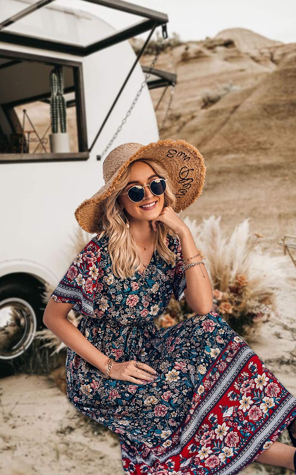 PRETTYGARDEN Women's Casual Summer Boho Floral Print Dress V Neck Short Sleeve High Waist Long Maxi Beach Dresses (Black,Medium)