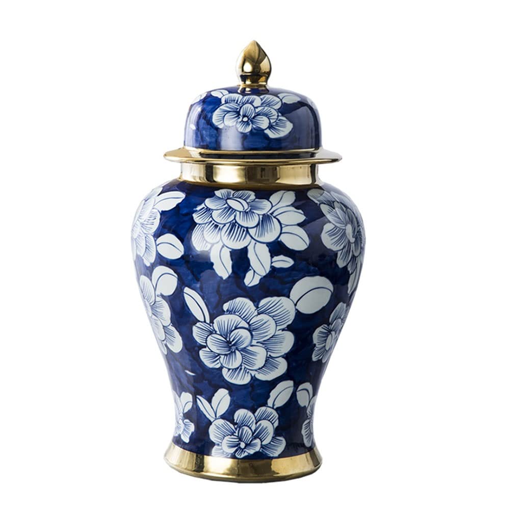 Hand Painted Blue and White Porcelain Ginger Jar Ceramic Vase, Chinese Style Living Room Home Decoration, Temple jar with Gilt Edge (Size : Small)