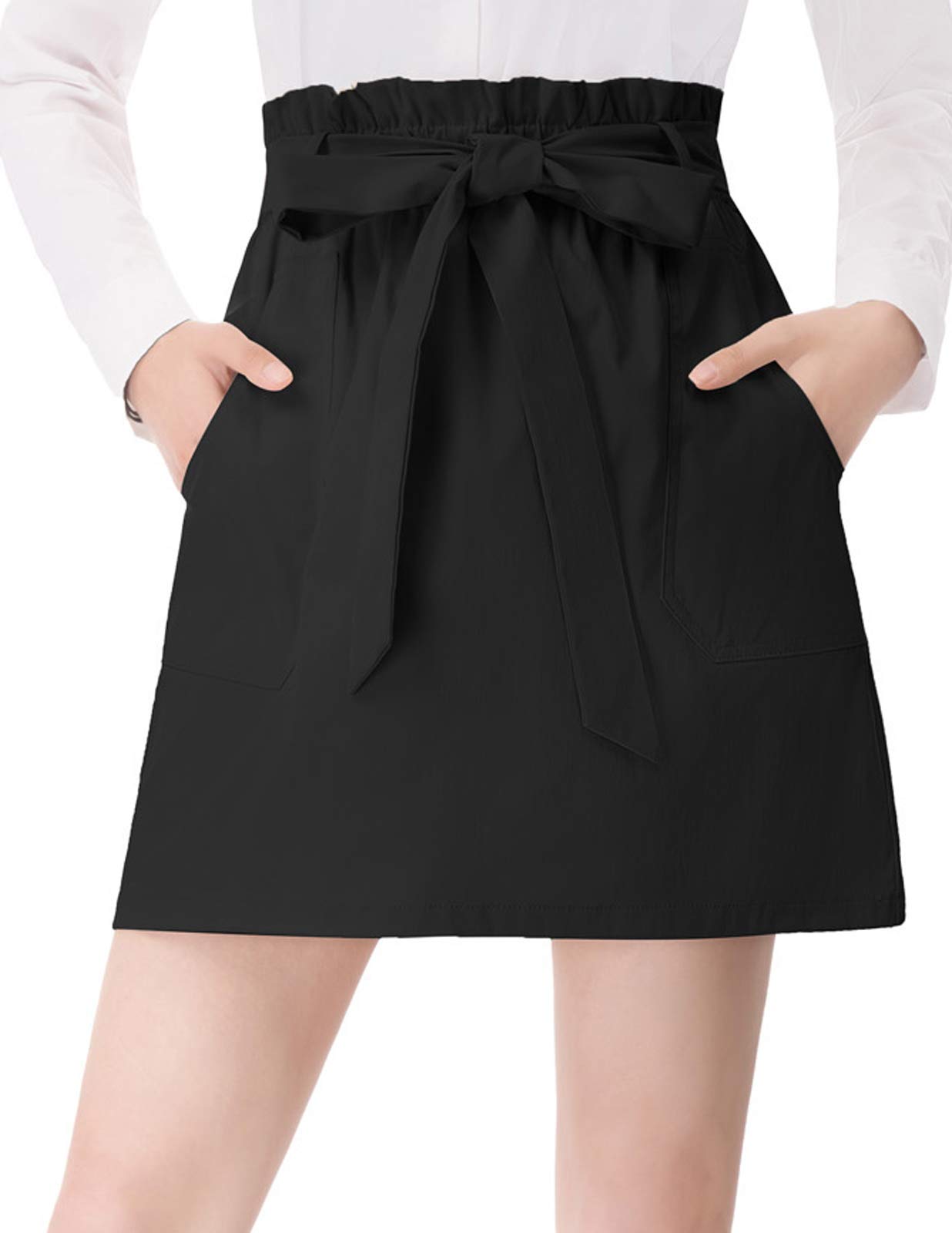 KANCY KOLE Women Tie Waist Skirts Paper Bag Elastic Waist Short Casual Skirt with Pockets Black