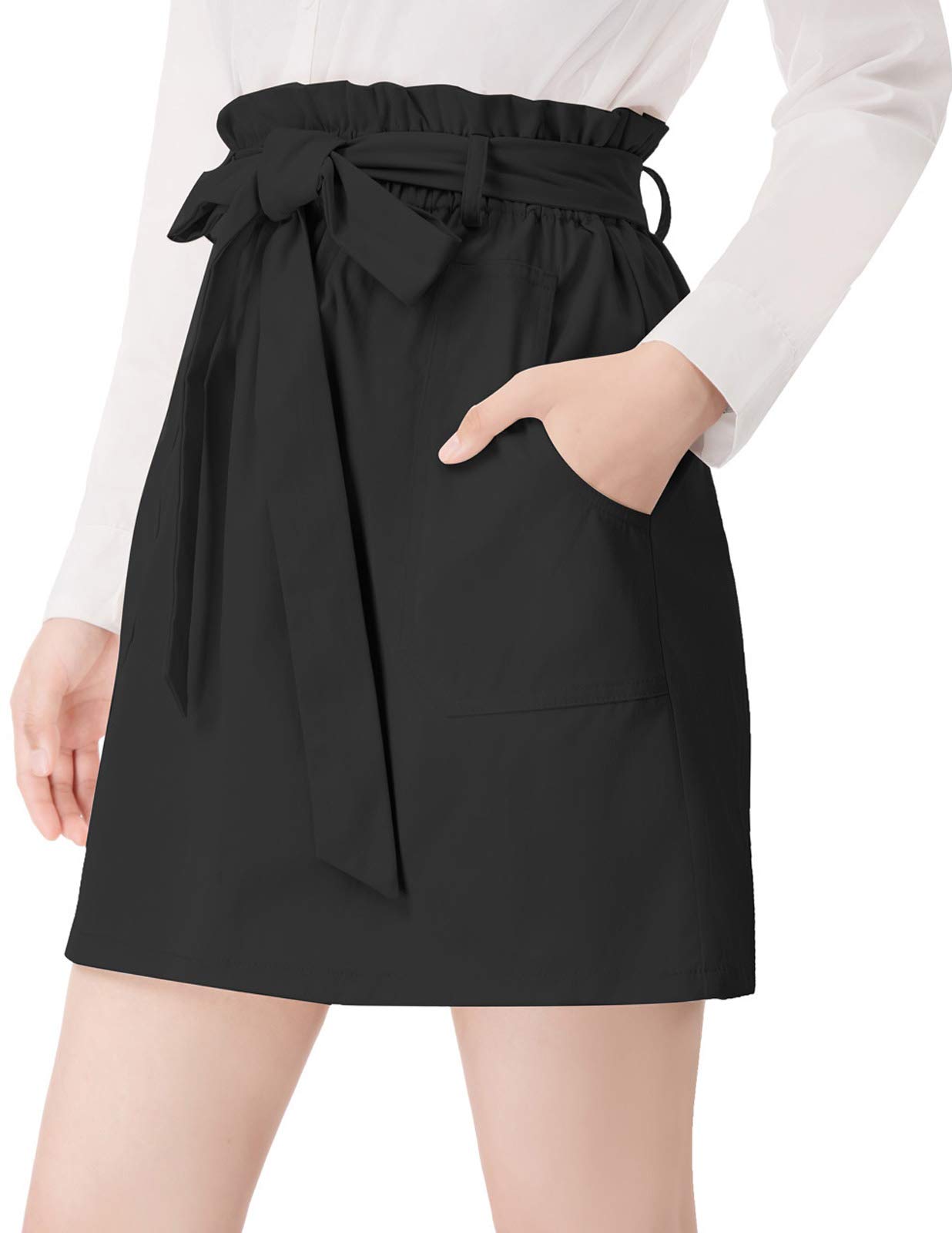 KANCY KOLE Women Tie Waist Skirts Paper Bag Elastic Waist Short Casual Skirt with Pockets Black