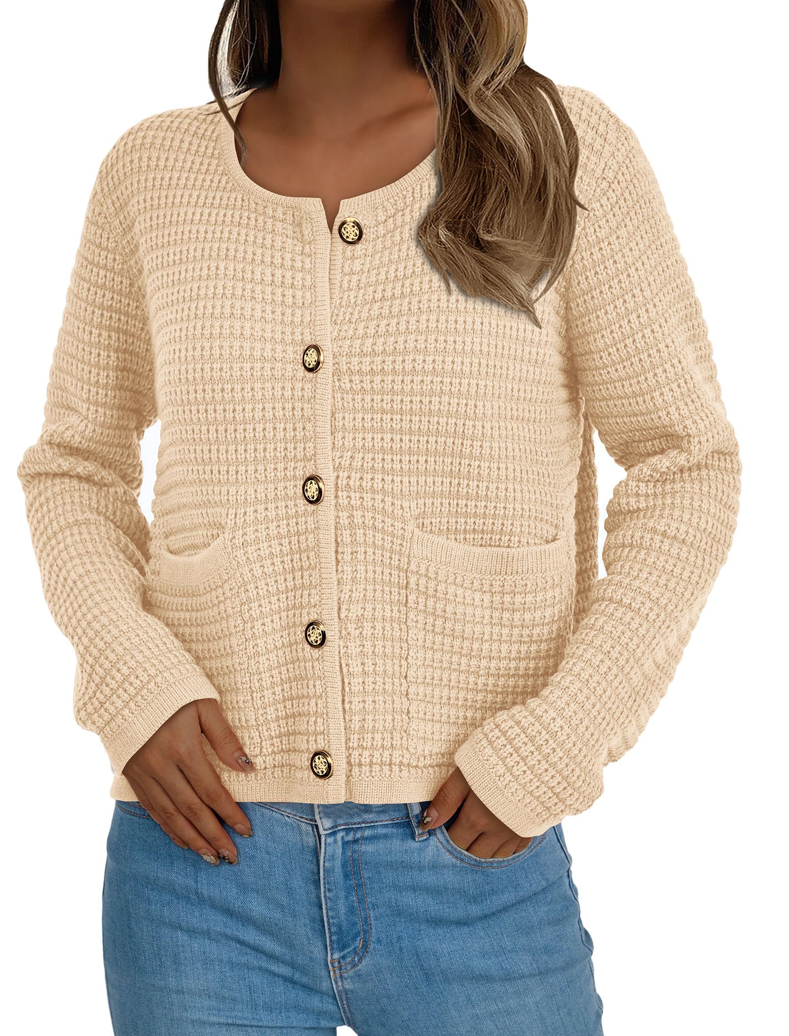 PRETTYGARDEN Women's Knit Cardigan Sweaters Fall Fashion Long Sleeve Open Front Button Down Trendy Casual Sweater Jacket (Beige, Large)