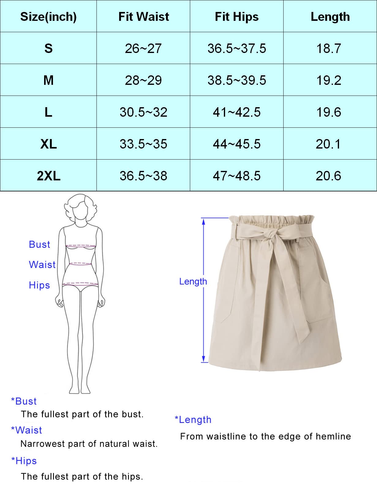 KANCY KOLE Women Tie Waist Skirts Paper Bag Elastic Waist Short Casual Skirt with Pockets Black