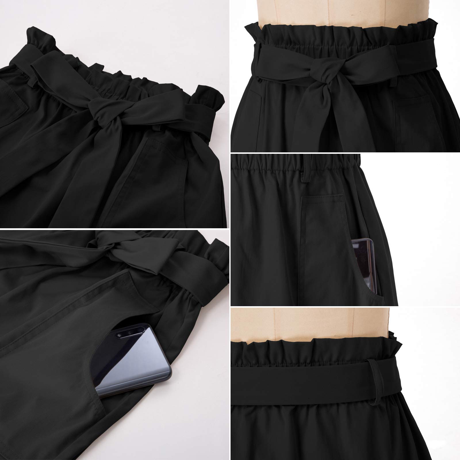 KANCY KOLE Women Tie Waist Skirts Paper Bag Elastic Waist Short Casual Skirt with Pockets Black