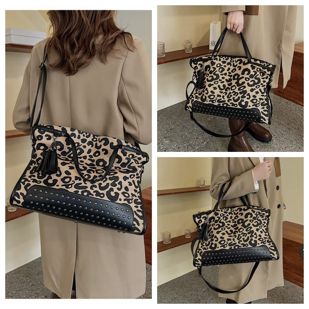 Mn&Sue Punk Motorcycle Rivet Studded Tassel Leather Women Handbags Top Handle Satchel Shoulder Tote Bag (Leopard-Black)