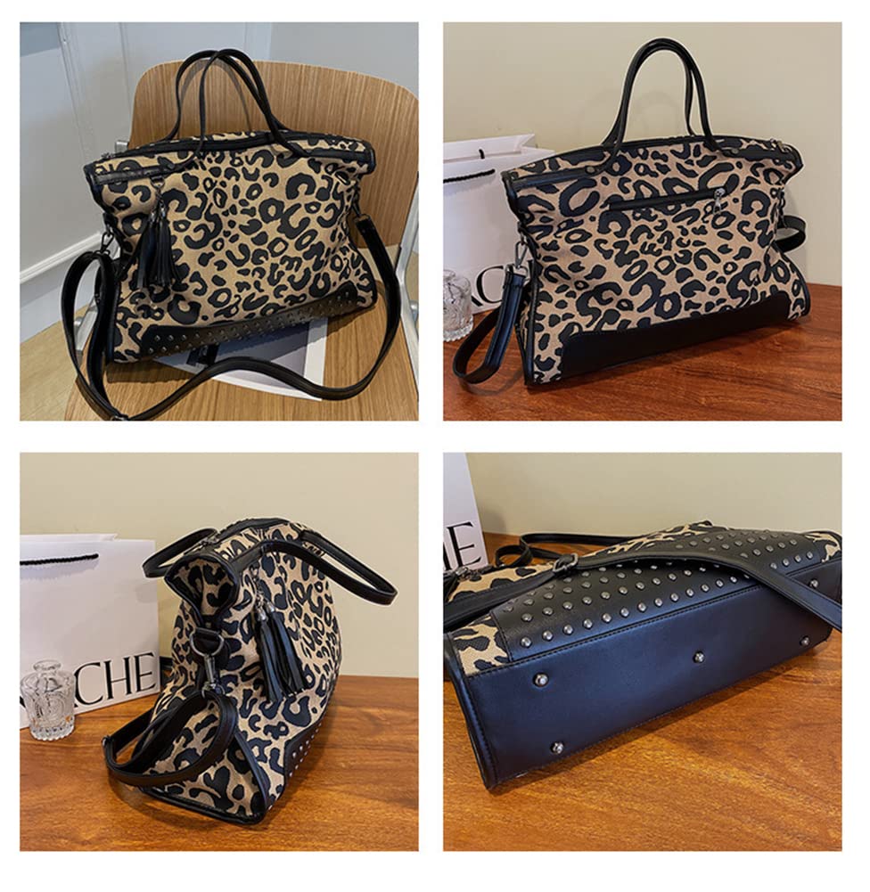 Mn&Sue Punk Motorcycle Rivet Studded Tassel Leather Women Handbags Top Handle Satchel Shoulder Tote Bag (Leopard-Black)