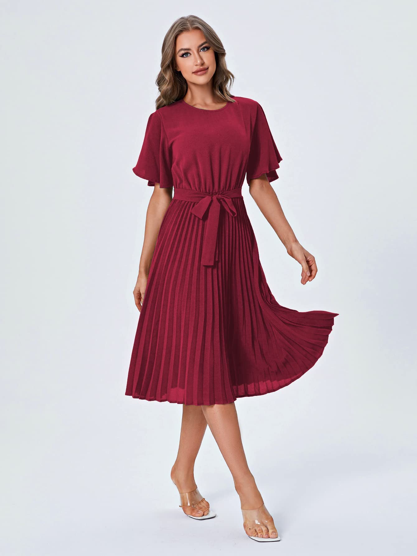 Milumia Women's Elegant Belted Pleated Flounce Sleeve Long Dress Burgundy Large