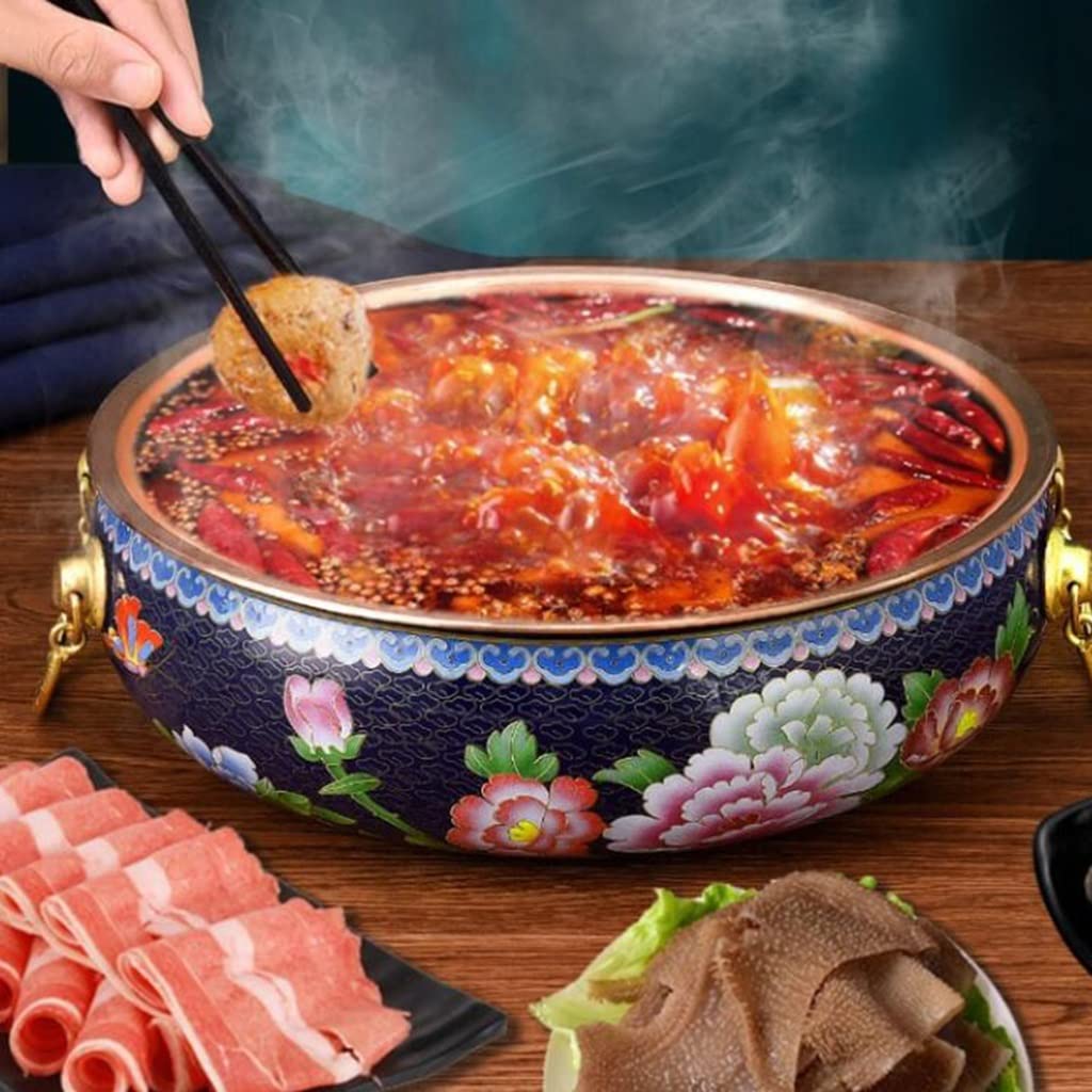 Chafing Dishes Old Beijing Pure Copper Pot, Induction Cooker Copper Hot Pot, Gas Special Pot, Household Flat Pot Hot Pot (Color : Yellow, Size : 30cm)