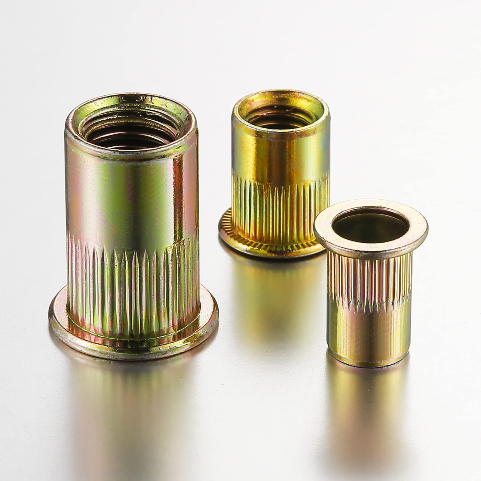 Wensilon 200Pcs Rivet Nut 1/4-20UNC Yellow Zinc Plated Finish Flat Head Rivnut Threaded Insert Nut Knurled Body