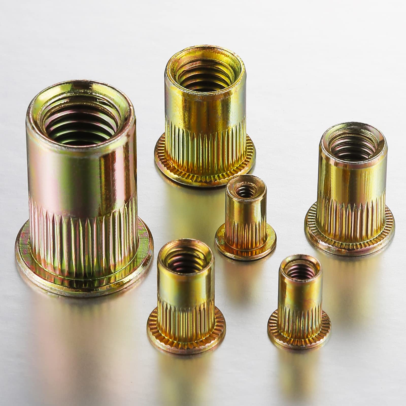 Wensilon 200Pcs Rivet Nut 1/4-20UNC Yellow Zinc Plated Finish Flat Head Rivnut Threaded Insert Nut Knurled Body