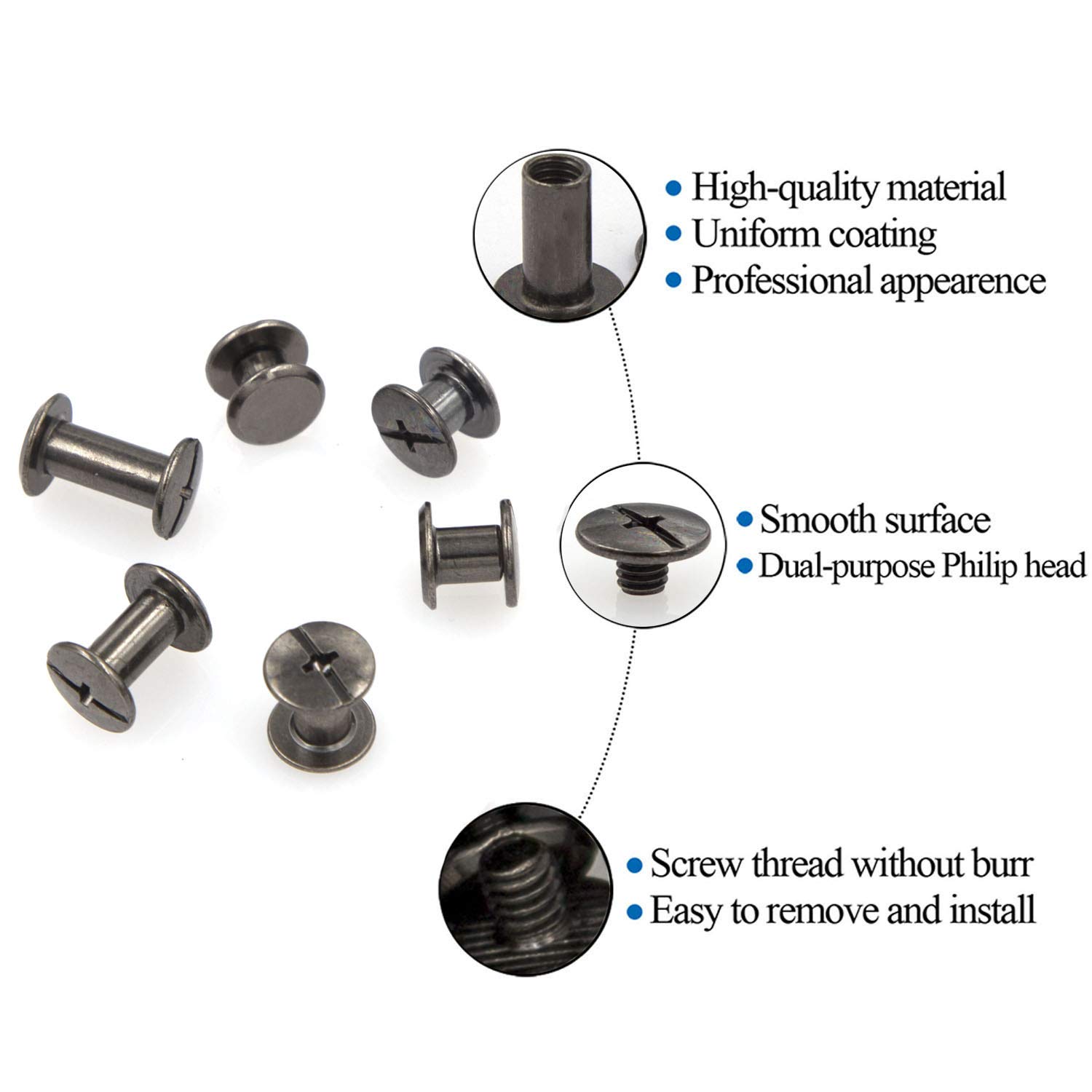 90 Sets Black Chicago Screw Leather Assorted Kit ，6 Sizes of Screw Rivets for Leather Rivet ，for DIY Leather Craft and Bookbinding (M5 X 4, 5, 6, 8, 10, 12)