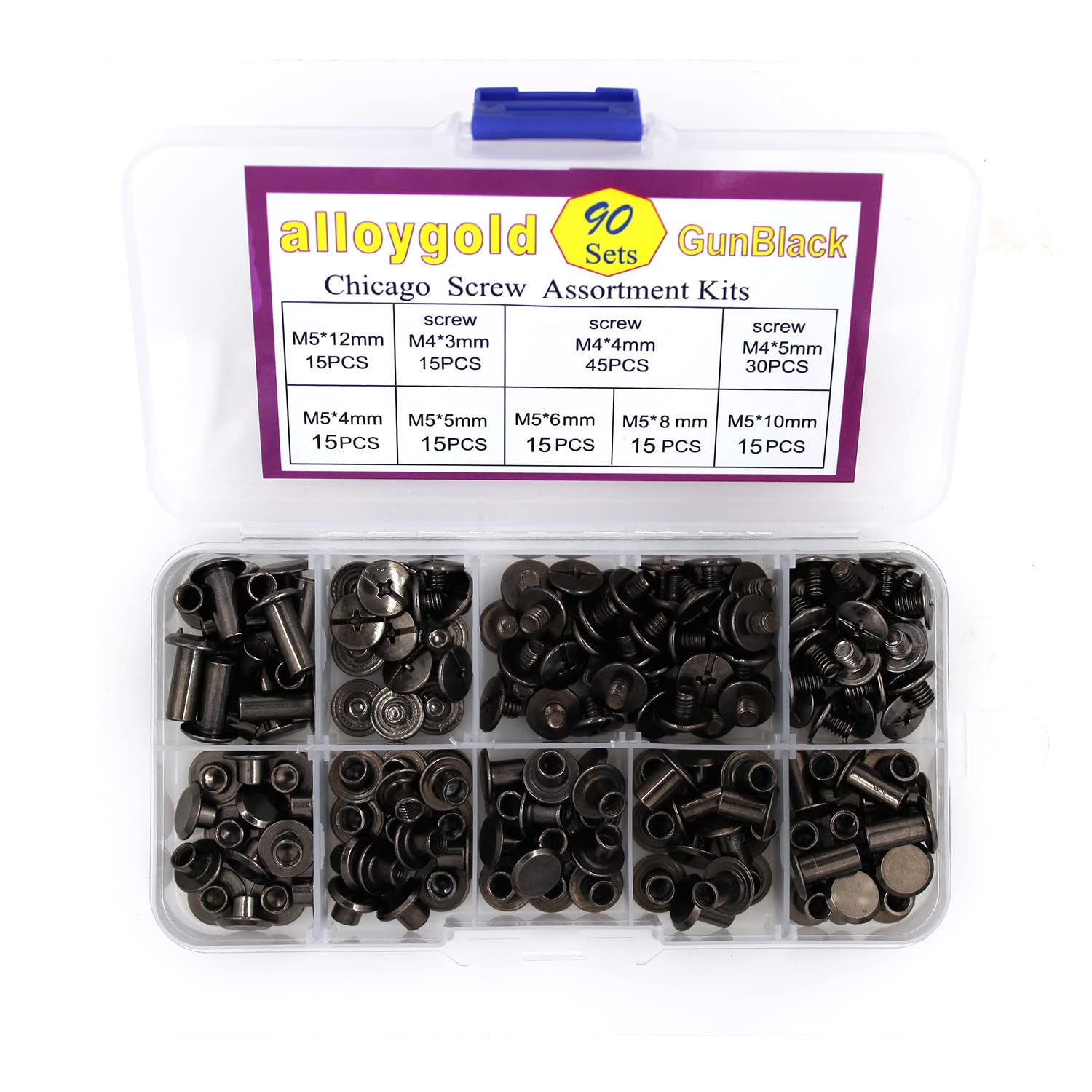 90 Sets Black Chicago Screw Leather Assorted Kit ，6 Sizes of Screw Rivets for Leather Rivet ，for DIY Leather Craft and Bookbinding (M5 X 4, 5, 6, 8, 10, 12)