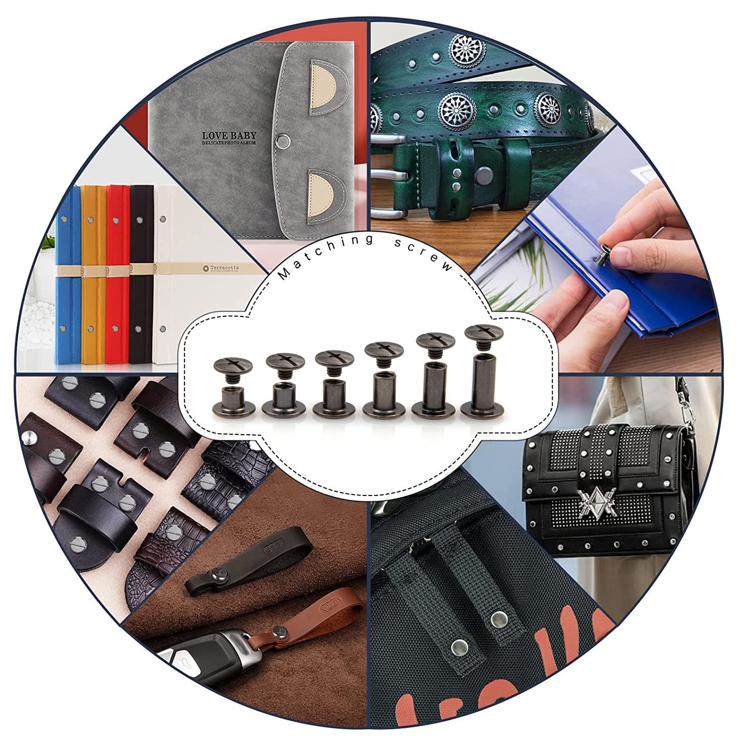 90 Sets Black Chicago Screw Leather Assorted Kit ，6 Sizes of Screw Rivets for Leather Rivet ，for DIY Leather Craft and Bookbinding (M5 X 4, 5, 6, 8, 10, 12)