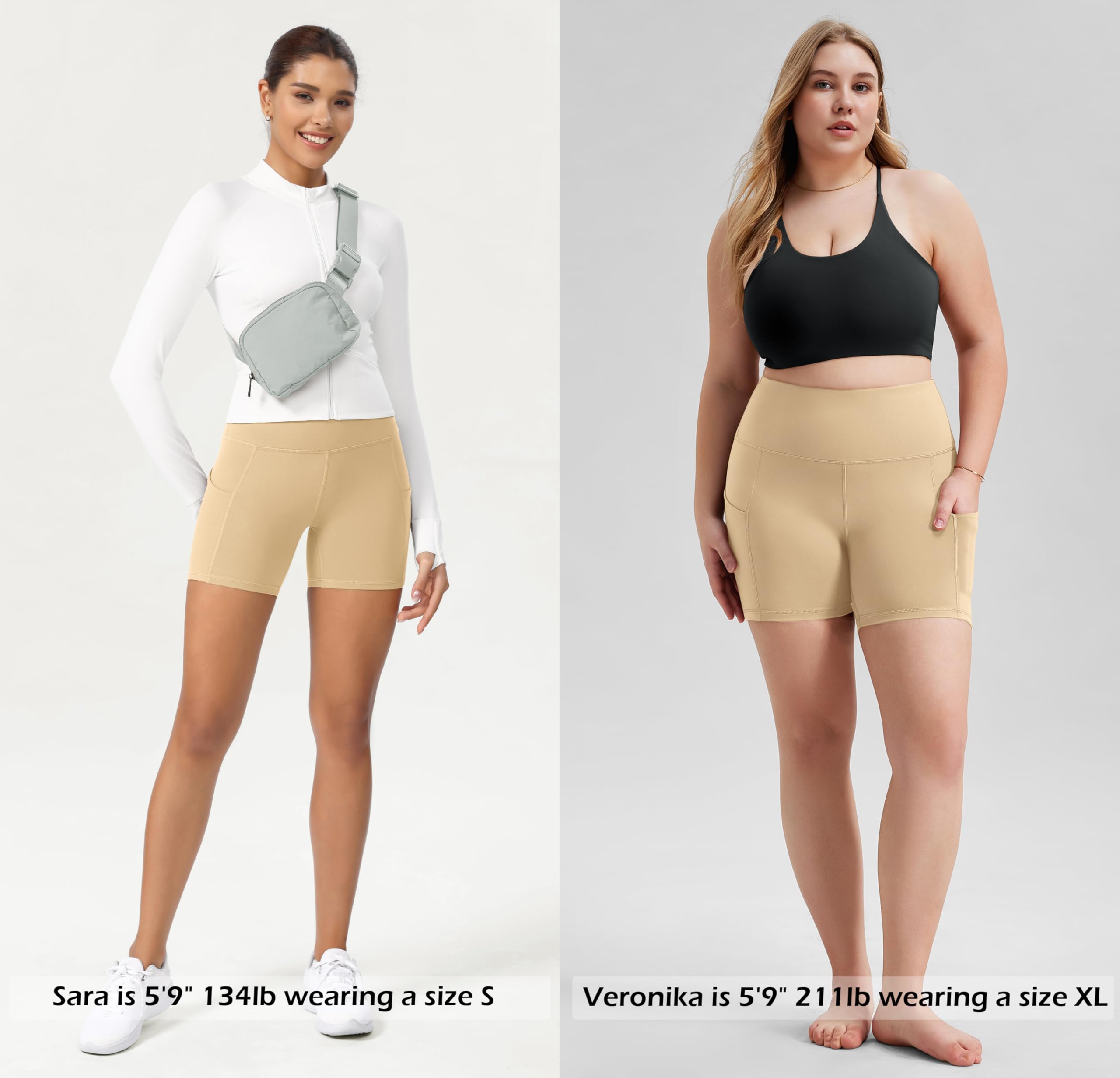 ODODOS 5" Tummy Control Biker Shorts for Women with Pockets High Waist Athletic Workout Yoga Shorts, Beige, X-Large