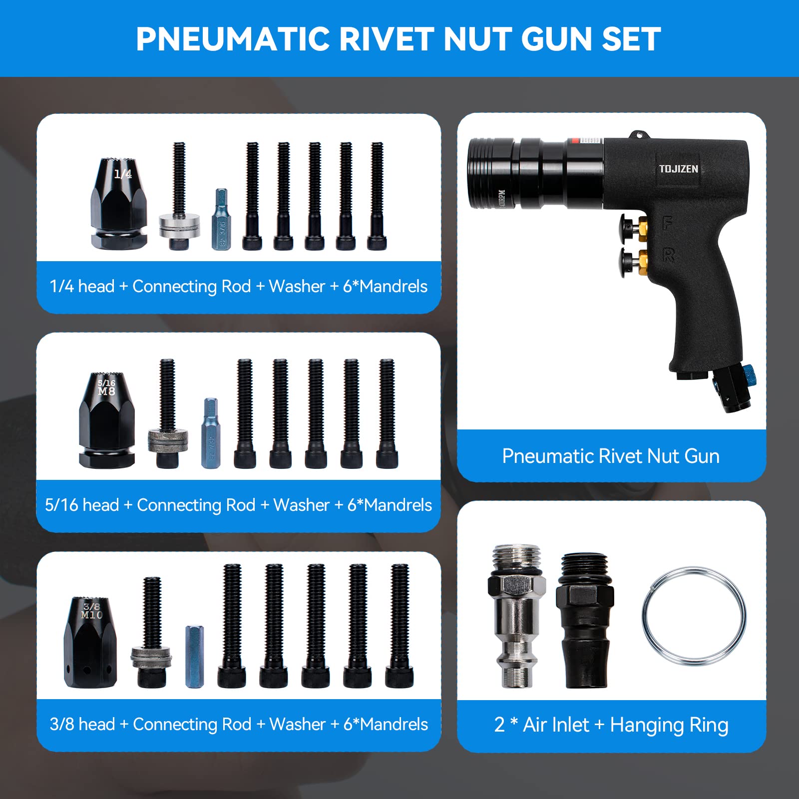 TOJIZEN Pneumatic Rivet Nut Gun Kit - 1/4, 5/16 & 3/8 inch Gun Heads - Air Powered Rivet Nut Tool Set for Rivnut, Threaded Insert, and More - Professional Air Riveter and Riv Nut Tool