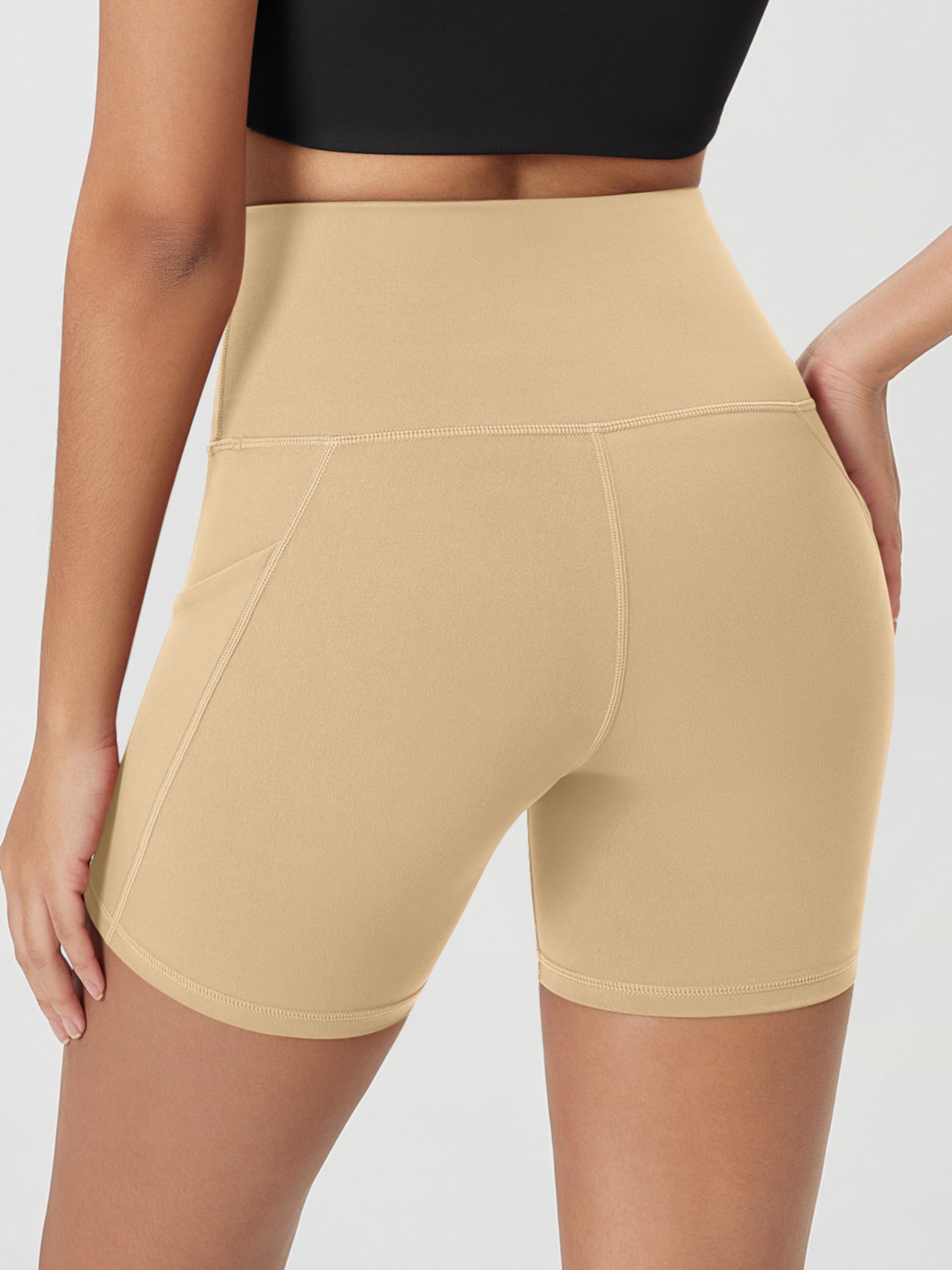 ODODOS 5" Tummy Control Biker Shorts for Women with Pockets High Waist Athletic Workout Yoga Shorts, Beige, X-Large