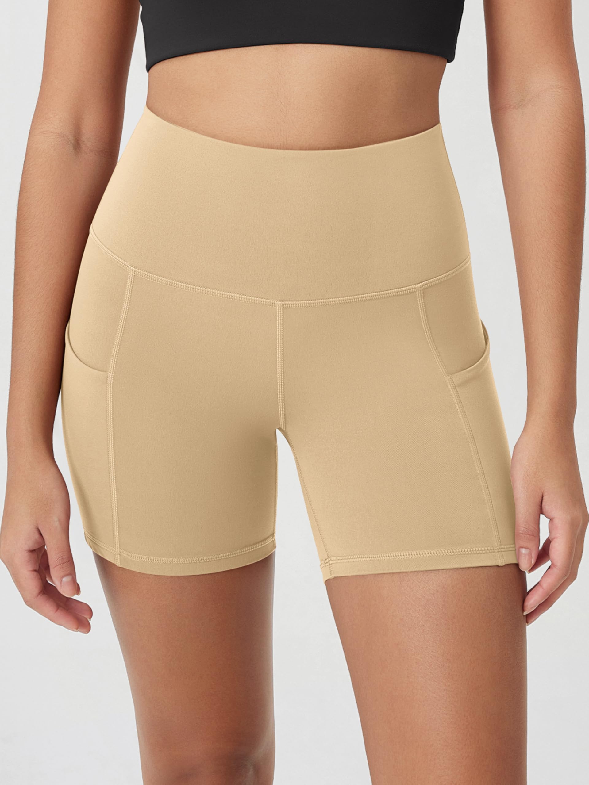 ODODOS 5" Tummy Control Biker Shorts for Women with Pockets High Waist Athletic Workout Yoga Shorts, Beige, X-Large
