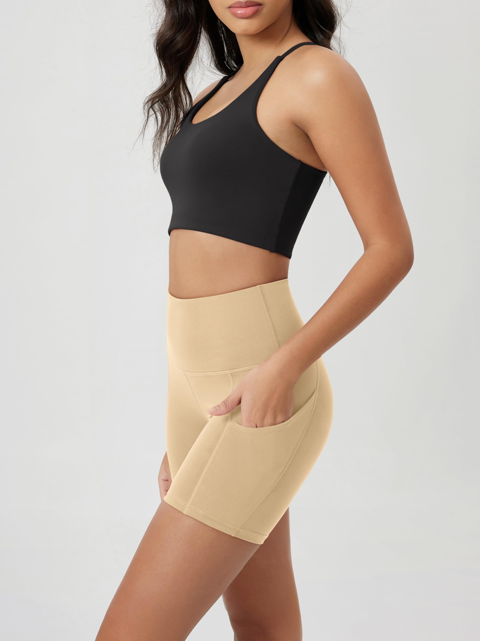 ODODOS 5" Tummy Control Biker Shorts for Women with Pockets High Waist Athletic Workout Yoga Shorts, Beige, X-Large