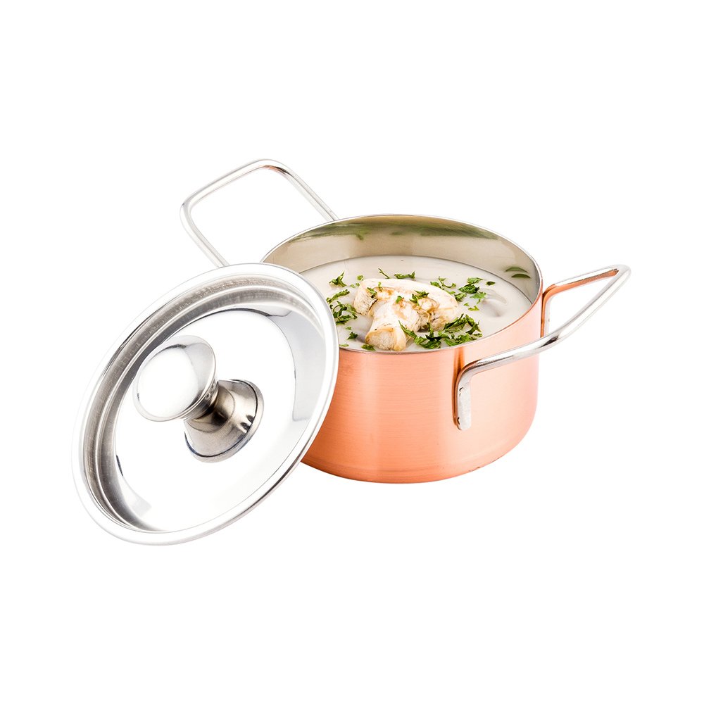 Restaurantware-9 Ounce Small Casserole Dish With Lid, 1 Break-Resistant Individual Casserole Dish - Built-In Handles, Cook And Serve Individual Portions, Copper And Stainless Steel Casserole Soup Pot,
