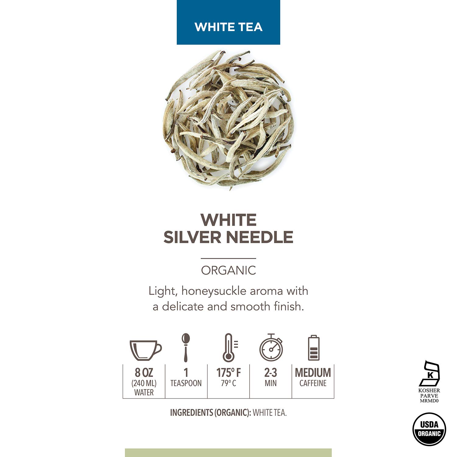 Teabloom Organic White Silver Needle Loose Leaf Tea, Rare USDA Certified Organic & Kosher White Tea With Delicate Honeysuckle Notes, 2.12 oz/60 g Canister Makes 35-50 Cups