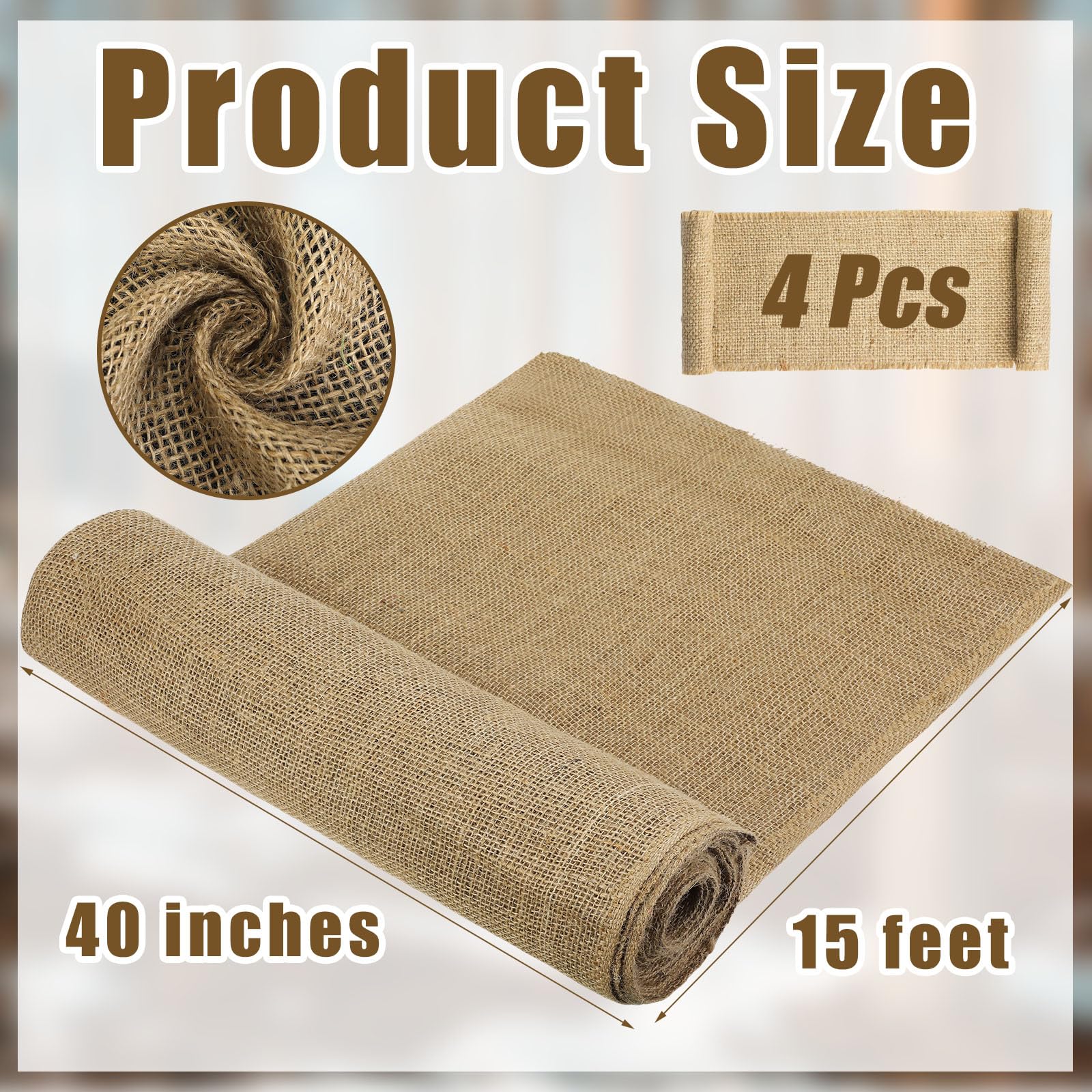 4 Roll Burlap Aisle Runner for Wedding Natural Burlap Rustic Jute Wedding Runway Carpet for Ceremony Outdoor Beach Garden Church Reception Craft Decorations 40 in X15 ft