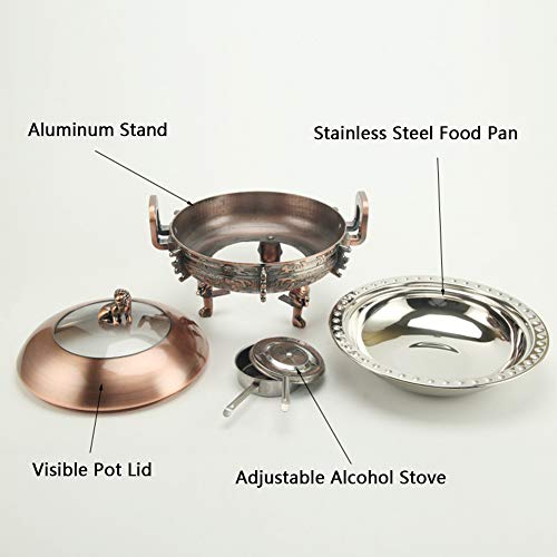 Adima 3L Stainless Steel Chafing Dish Round Chafer Buffet Warmers W/Food Pans, Aluminum Stand, Visible Pot Lid And Fuel Holders for Weddings Parties,Red copper