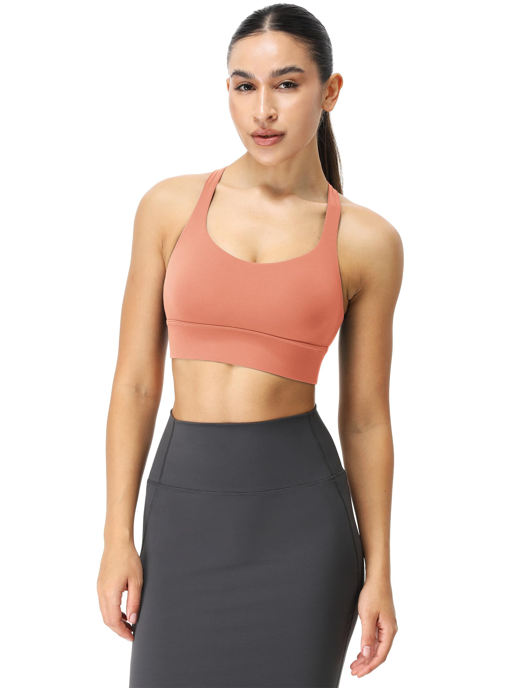icyzone Sports Bras for Women - Activewear Strappy Padded Workout Yoga Tops Bra (Copper Brown, L)