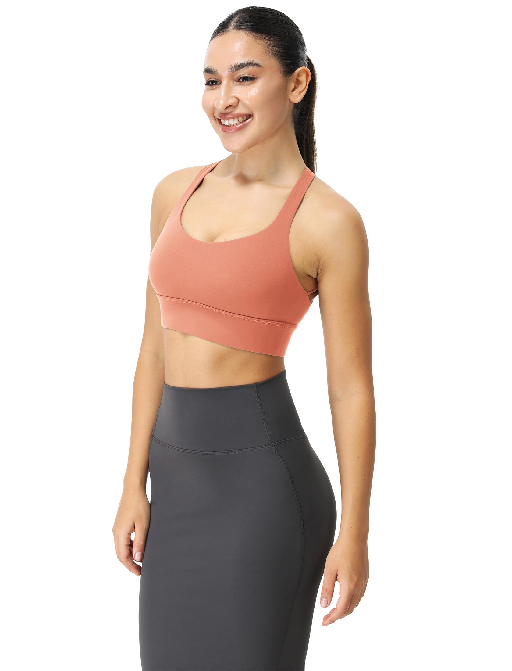 icyzone Sports Bras for Women - Activewear Strappy Padded Workout Yoga Tops Bra (Copper Brown, L)