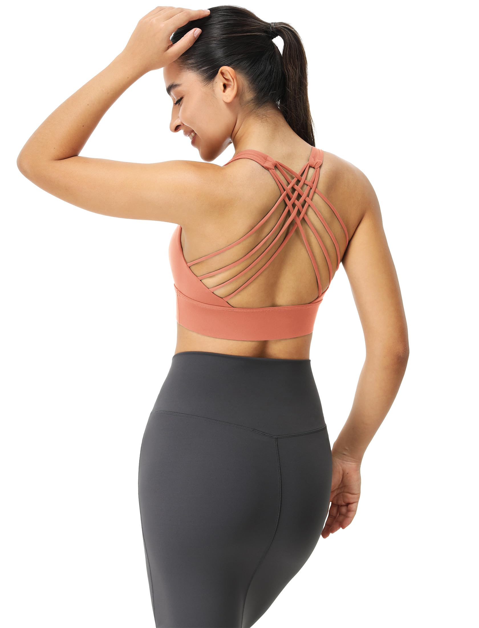 icyzone Sports Bras for Women - Activewear Strappy Padded Workout Yoga Tops Bra (Copper Brown, L)
