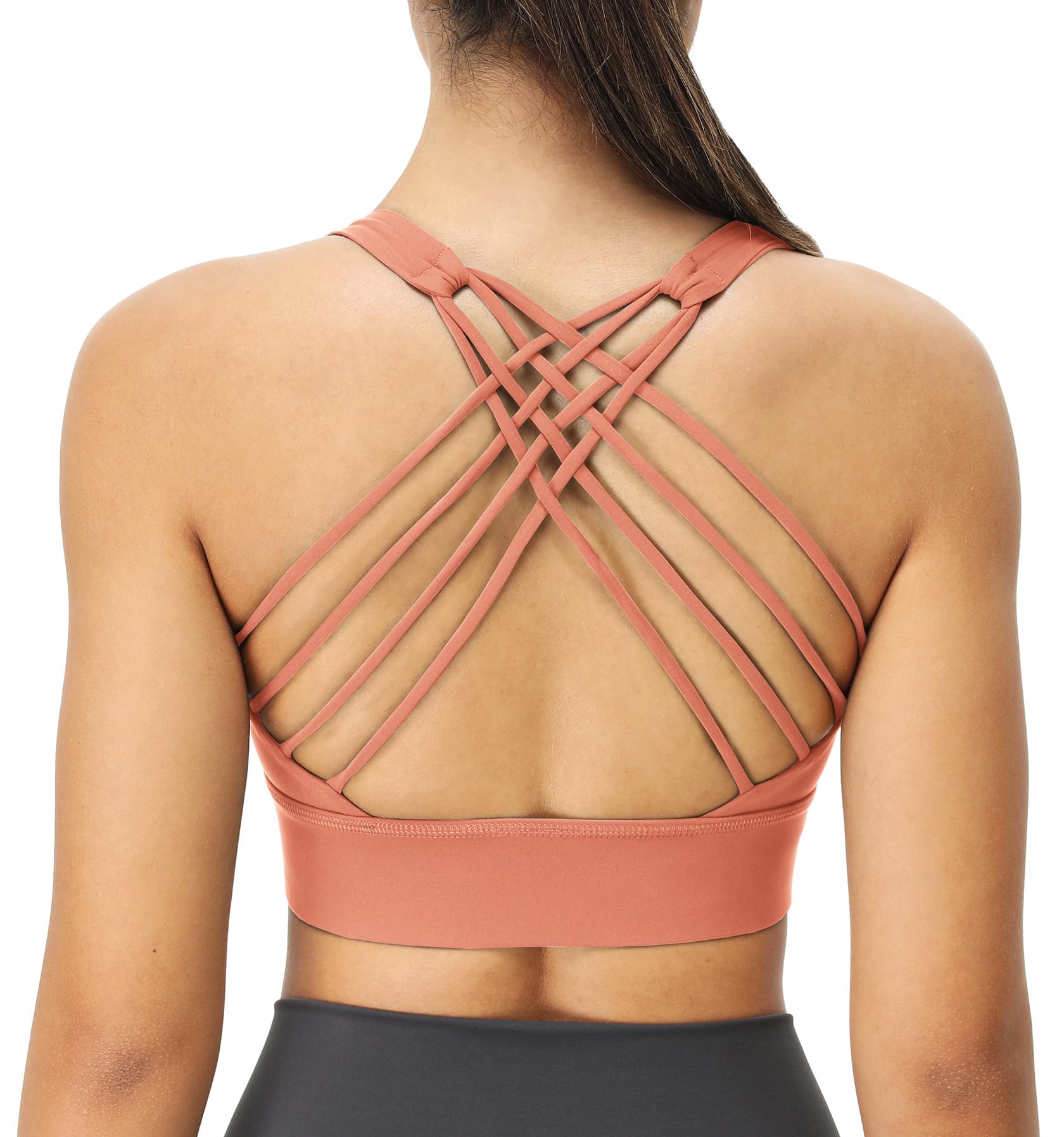 icyzone Sports Bras for Women - Activewear Strappy Padded Workout Yoga Tops Bra (Copper Brown, L)