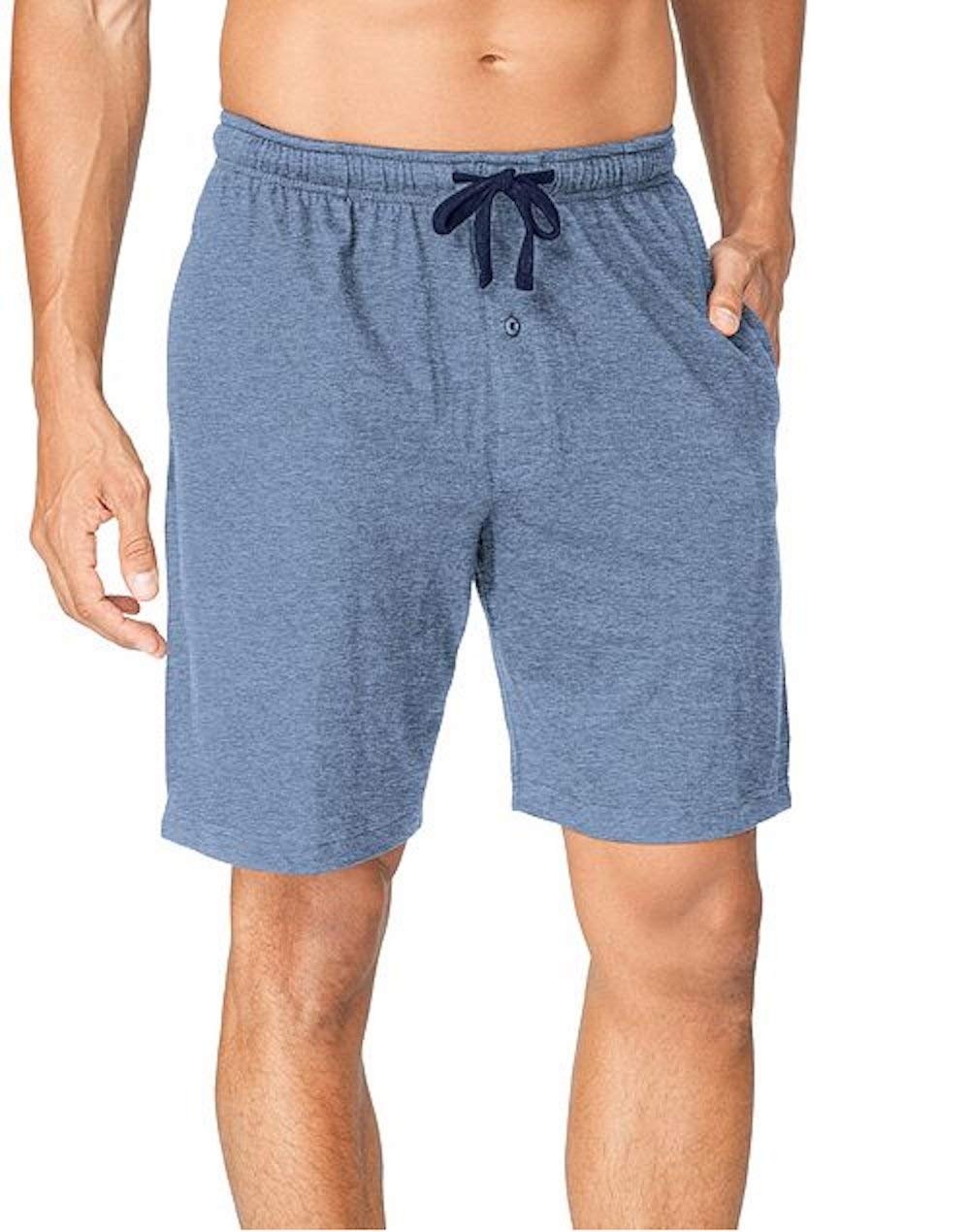 Hanes Men's 2 Pack Jersey Cotton Knit Tagless Sleep & Lounge Drawstring Shorts, Chambrey Blue Heather/Bright Navy, X-Large