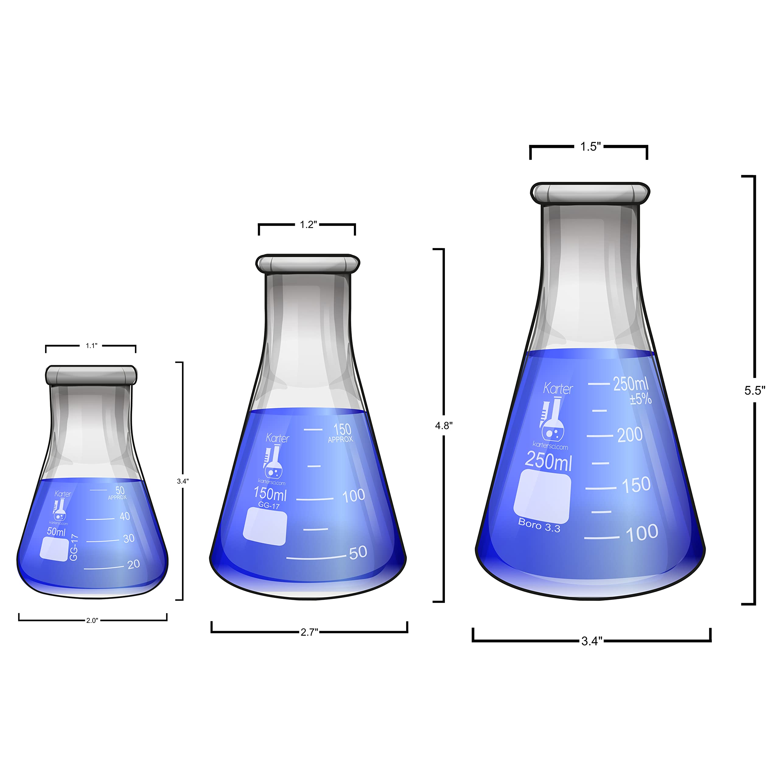 Beaker, Flask, Cylinder Set, 3.3 Boro. Glass - 9 Pieces - Beaker Set, Flask Set, and Graduated Cylinder Set, Karter Scientific 233N2