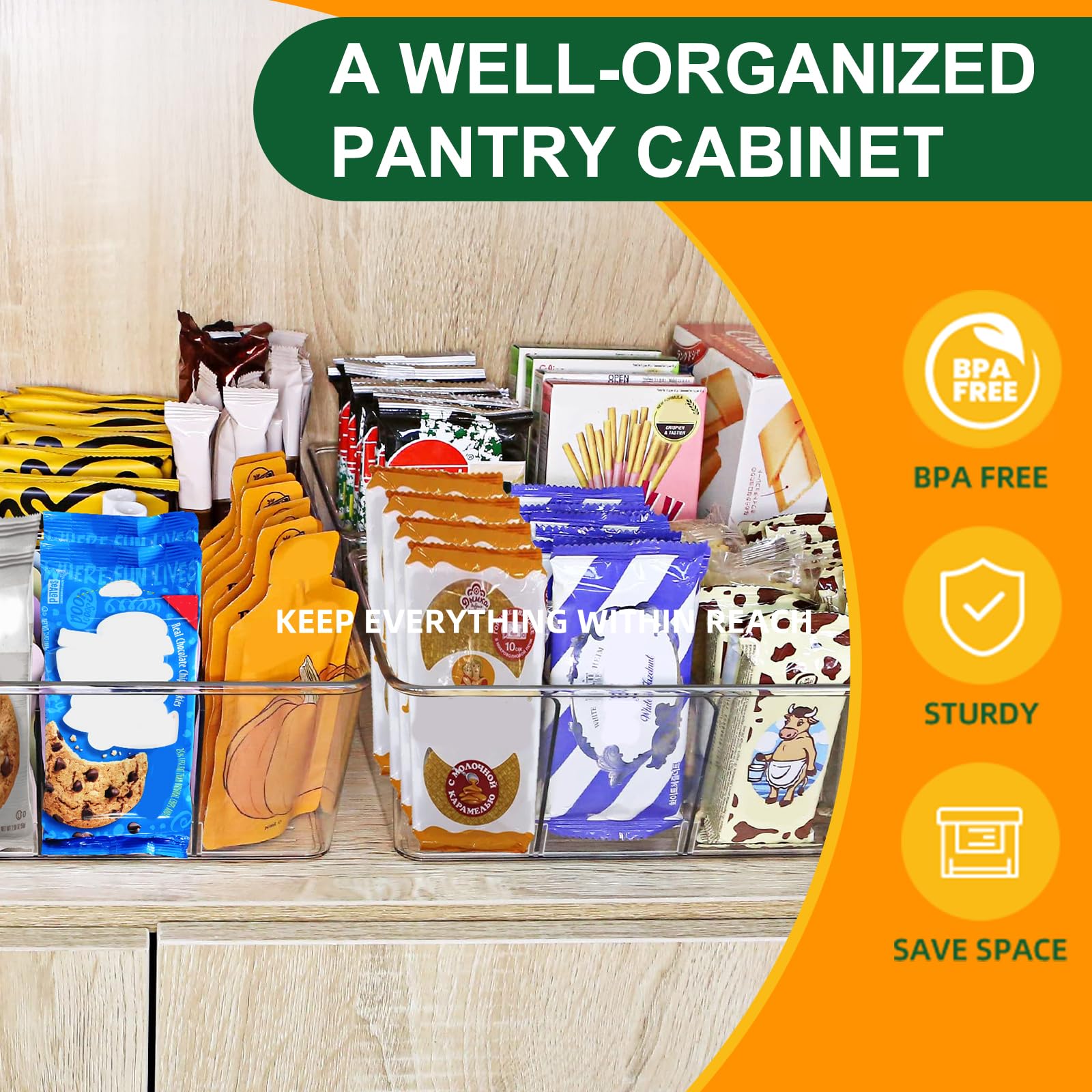 Generic 2 Pack Pantry Organizer Bins with Removable Dividers, 4 Divided Sections, Clear, Sturdy & Lightweight, Perfect for Cabinet, Kitchen, Pantry & Refrigerator Organization