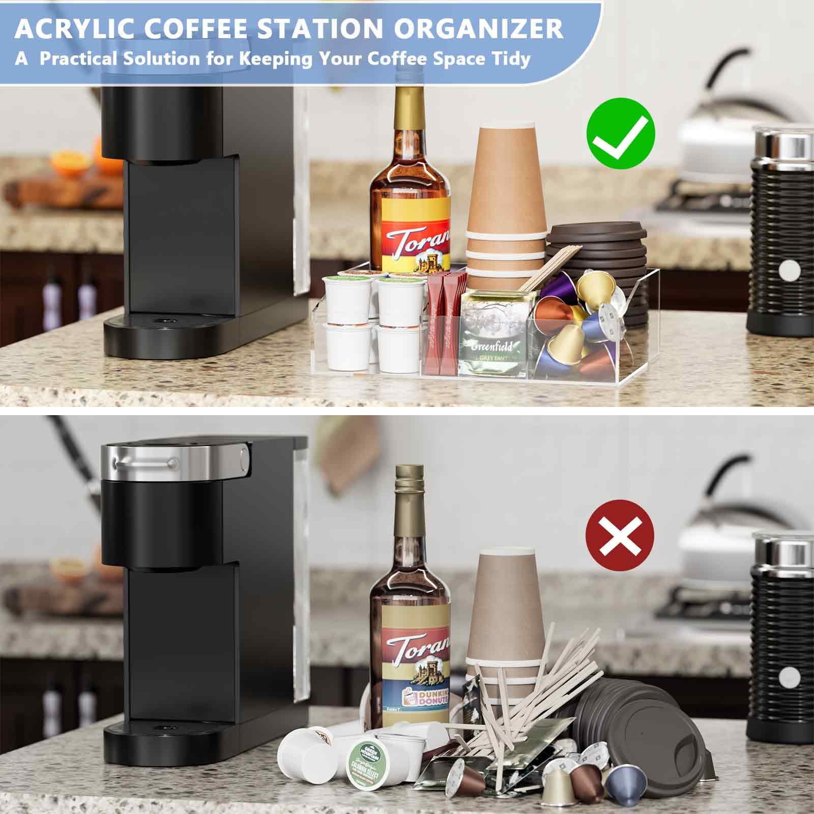 Neatsure Coffee Bar Station Organizer, Acrylic Countertop Holder for Pods, Condiments, Stirrers, Snacks, Tea, Bar Accessories, Gift for Lovers, Clear
