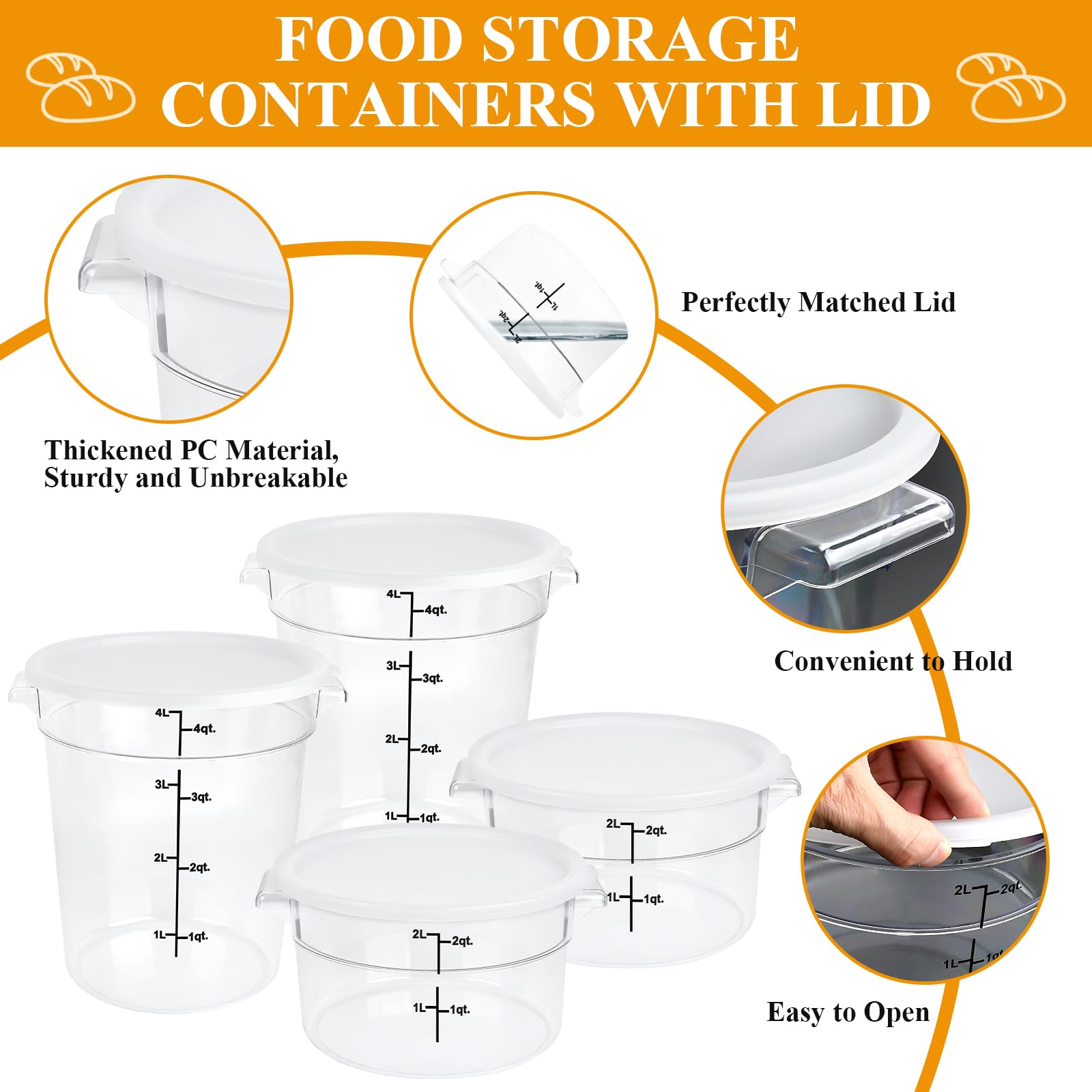 Milkary 4Pcs Food Storage Container with Lids, Clear Round Dough Proofing Container, Commercial Containers with Scales and Handles for Bread Dough Rise Fridge Kitchen Organization 2 Qt 4 Qt (White)
