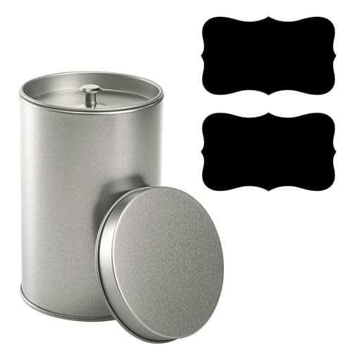 HBEJGHHO 13 oz Silver Can Sealed Food Storage Tin Canister with Airtight Double Lid Jar Portable Tea Coffee Beans Container for Loose Candy Herbs Spices(Liquid Pen and Black stickers)