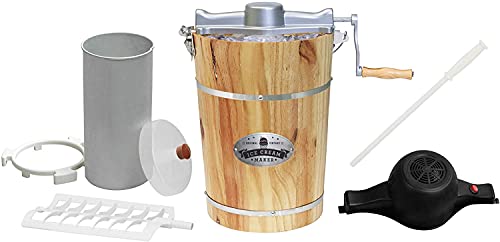 Elite Gourmet EIM916# Old Fashioned 6 Quart Vintage Wood Bucket Electric Ice Cream Maker Machine, *Bonus Classic Die-Cast Hand Crank for Churning, Uses Ice & Rock Salt Churn Ice Cream in Minutes, Pine