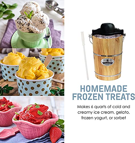 Elite Gourmet EIM916# Old Fashioned 6 Quart Vintage Wood Bucket Electric Ice Cream Maker Machine, *Bonus Classic Die-Cast Hand Crank for Churning, Uses Ice & Rock Salt Churn Ice Cream in Minutes, Pine