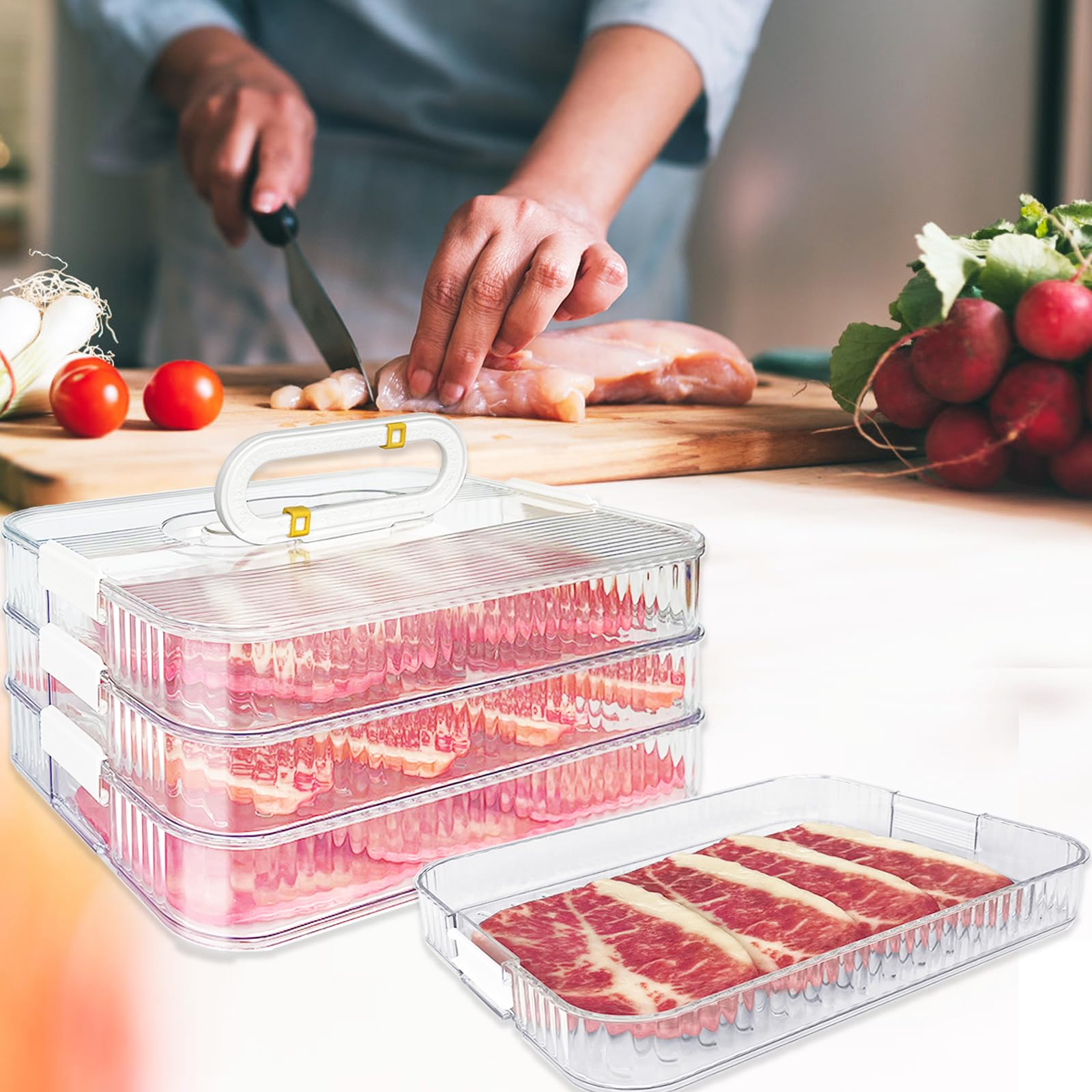 Haawooky 3 Layer Deli Meat Container with Lid,Lunch Meat Container for Refrigerator Organizing,Food Storage Container for Vegetables,Fruit,Bacon,Meat,Cheese