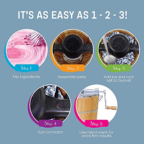 Elite Gourmet EIM916# Old Fashioned 6 Quart Vintage Wood Bucket Electric Ice Cream Maker Machine, *Bonus Classic Die-Cast Hand Crank for Churning, Uses Ice & Rock Salt Churn Ice Cream in Minutes, Pine