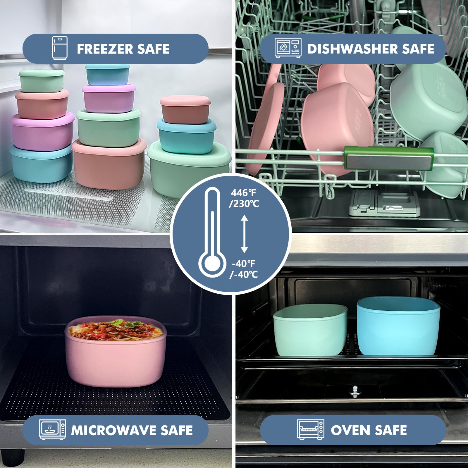 Anatole Silicone Food Storage Containers 4 Pcs Lunch Bento Box with Lids Leakproof Dishwasher Microwave Oven Freezer Safe BPA Free CPC Certified (30oz 20oz 10oz 6.7oz)