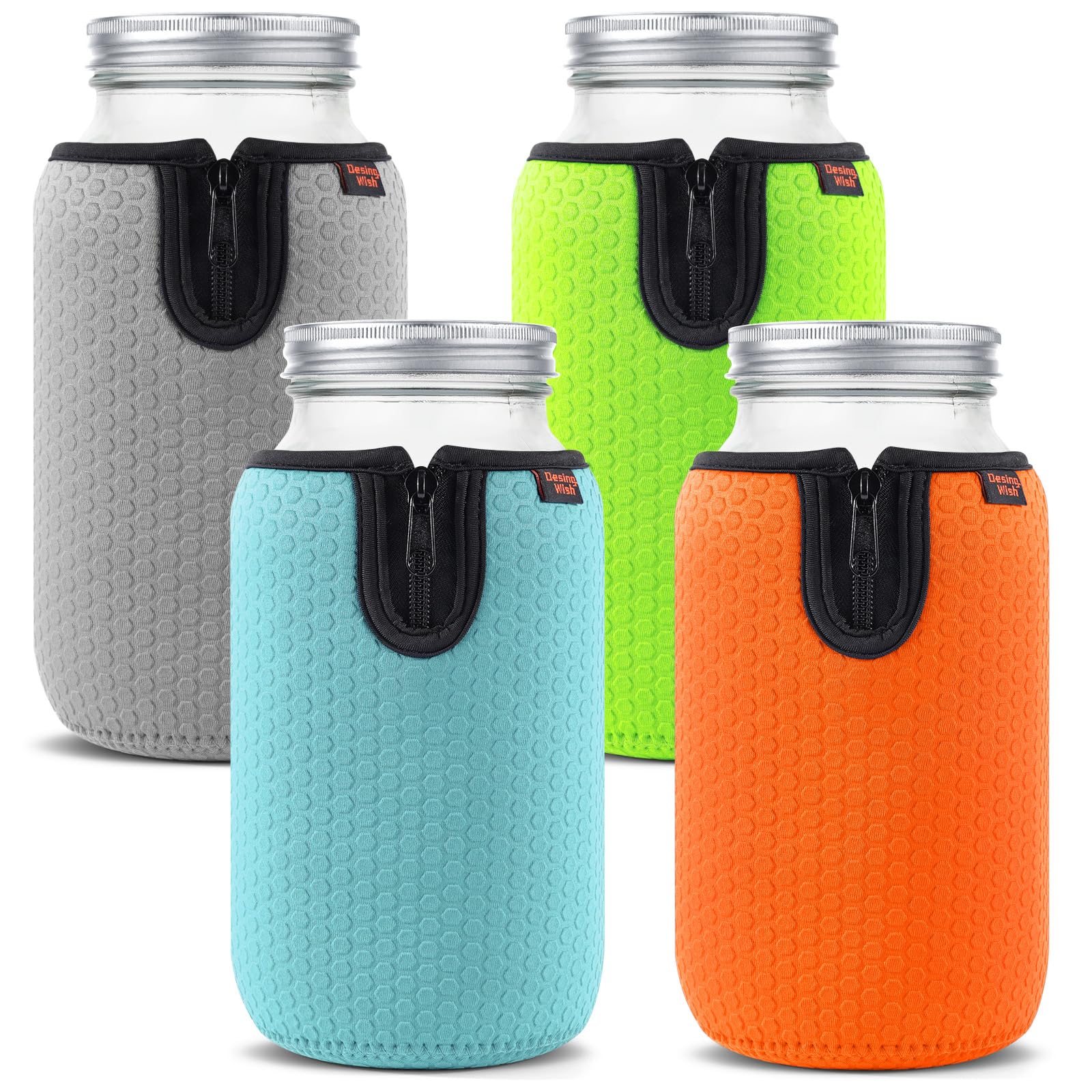 Desing Wish 64 oz Wide Mouth Mason Jar Neoprene Sleeve, 64oz Non-slip Cozy Insulated Glass Jars Protector Holder Sleeves 4.3 x 7.5 Inches - 4 Pack (Orange/Green/Cyan/Grey)