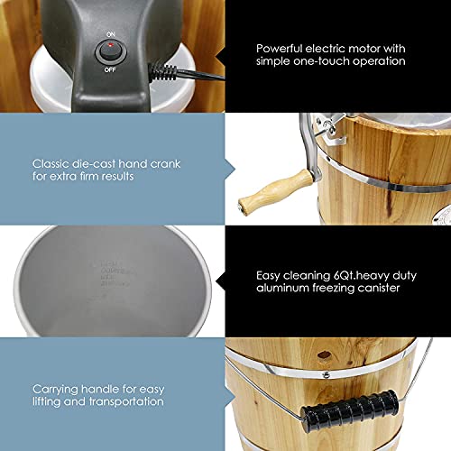 Elite Gourmet EIM916# Old Fashioned 6 Quart Vintage Wood Bucket Electric Ice Cream Maker Machine, *Bonus Classic Die-Cast Hand Crank for Churning, Uses Ice & Rock Salt Churn Ice Cream in Minutes, Pine