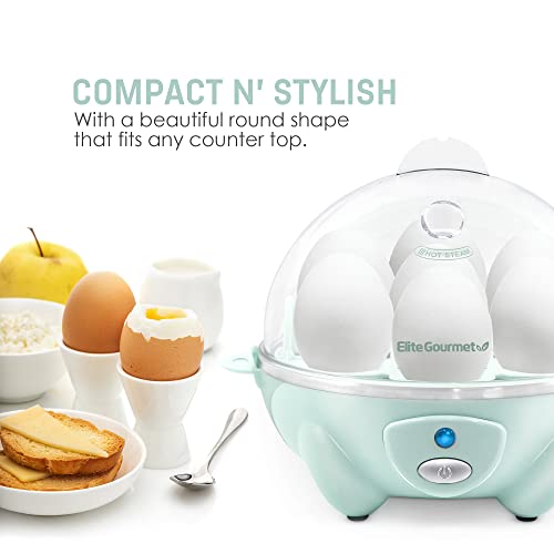 Elite Gourmet EGC700M# Rapid Egg Cooker, 7 Easy-To-Peel, Hard, Medium, Soft Boiled Eggs, Poacher, Omelet Maker, Auto Shut-Off, Alarm, 16-Recipe Booklet, Seafoam