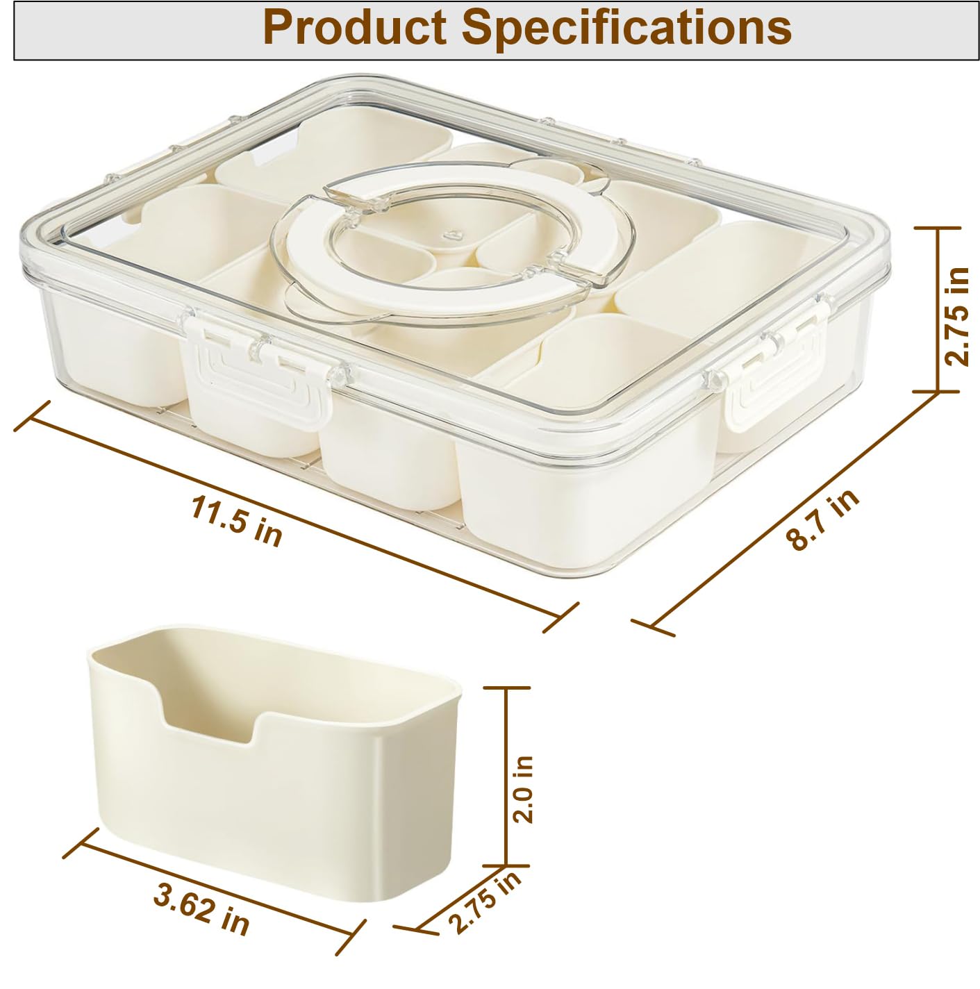 Divided Serving Tray with Lid and Handle - 8 Compartment Portable Snackle Box Charcuterie Container - Clear Snack Organizer for Fruits, Candy, Nuts, Snacks - Ideal for Parties, Travel & Picnics