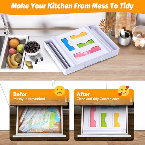 CiWiVOKi Expandable Storage Bag Organizer for Kitchen Drawer, 6 in 1 Foil and Plastic Wrap Dispenser with Cutter, Plastic Organization and Storage for Sandwich Gallon Quart Snack Bags, 3.2"High, White