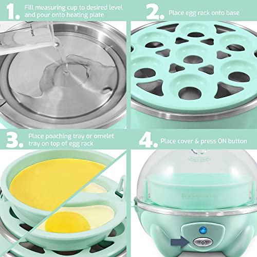 Elite Gourmet EGC700M# Rapid Egg Cooker, 7 Easy-To-Peel, Hard, Medium, Soft Boiled Eggs, Poacher, Omelet Maker, Auto Shut-Off, Alarm, 16-Recipe Booklet, Seafoam